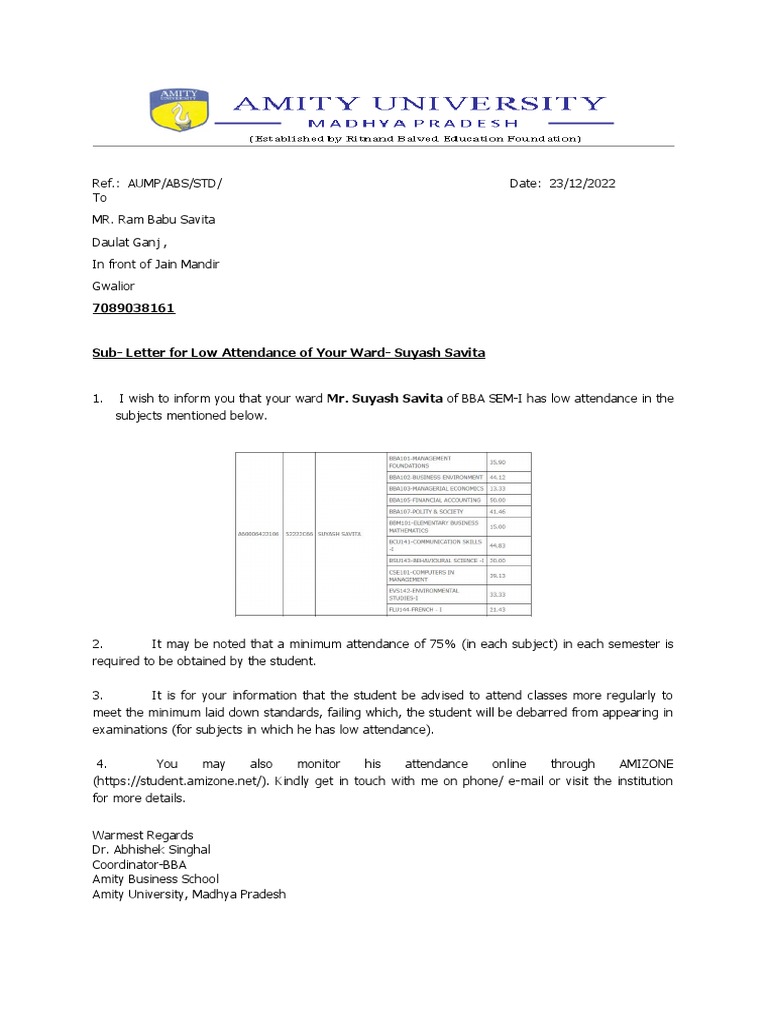 Letter For Low Attendance of Your Ward - Suyash Savita | PDF