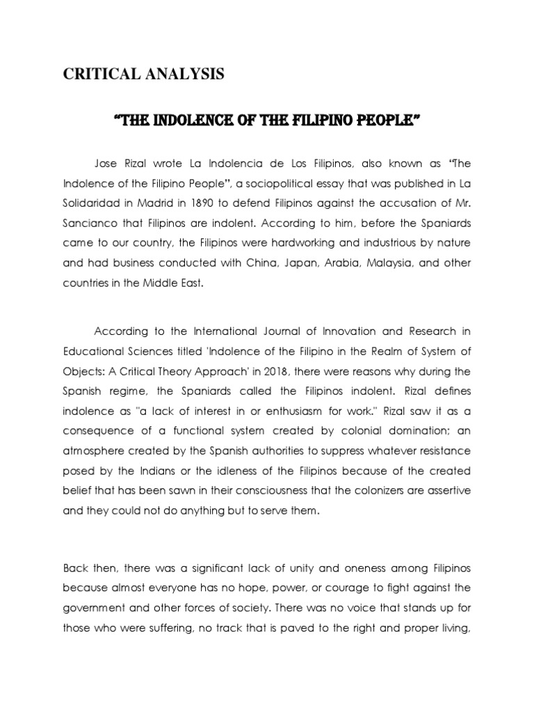 The Indolence of The Filipino People - Critical Analysis | PDF ...