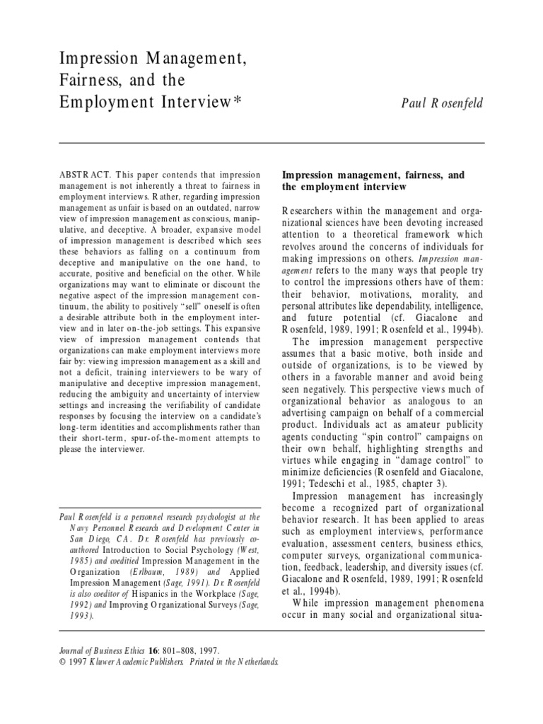 Impression Management, Fairness, and The Employment Interview PDF | PDF | Deception | Social ...