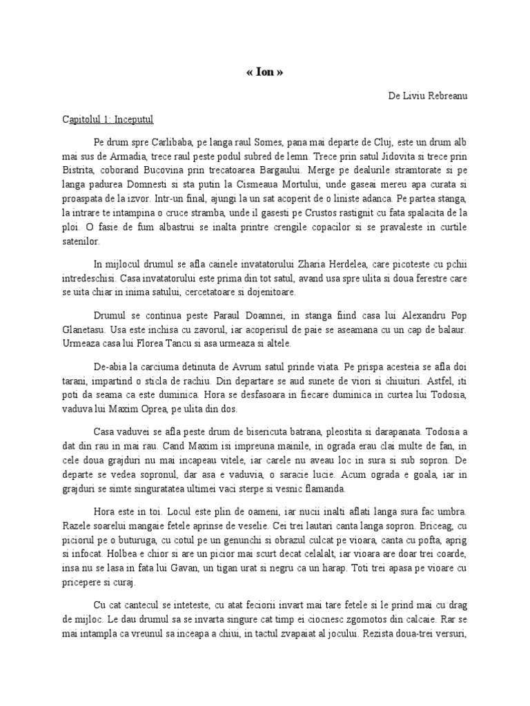 "Ion", de Liviu Rebreanu - Rezumat Pe Capitole | PDF