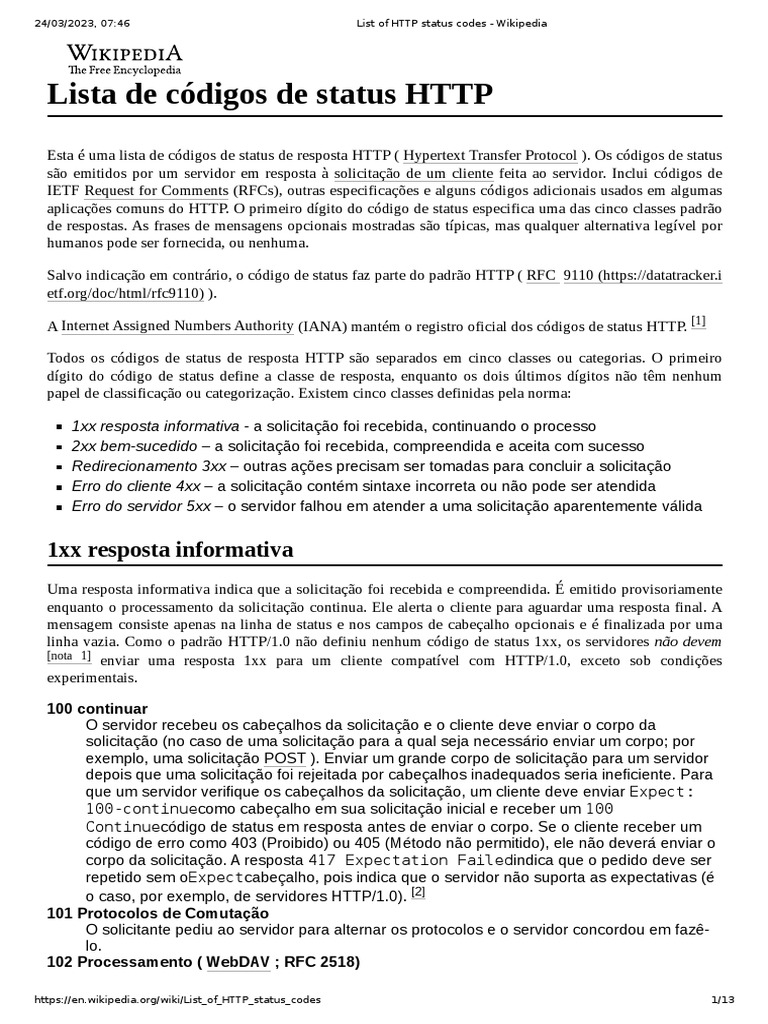 List of HTTP Status Codes - Wikipedia PDF | PDF | Protocolos da internet | Rede de longa distância