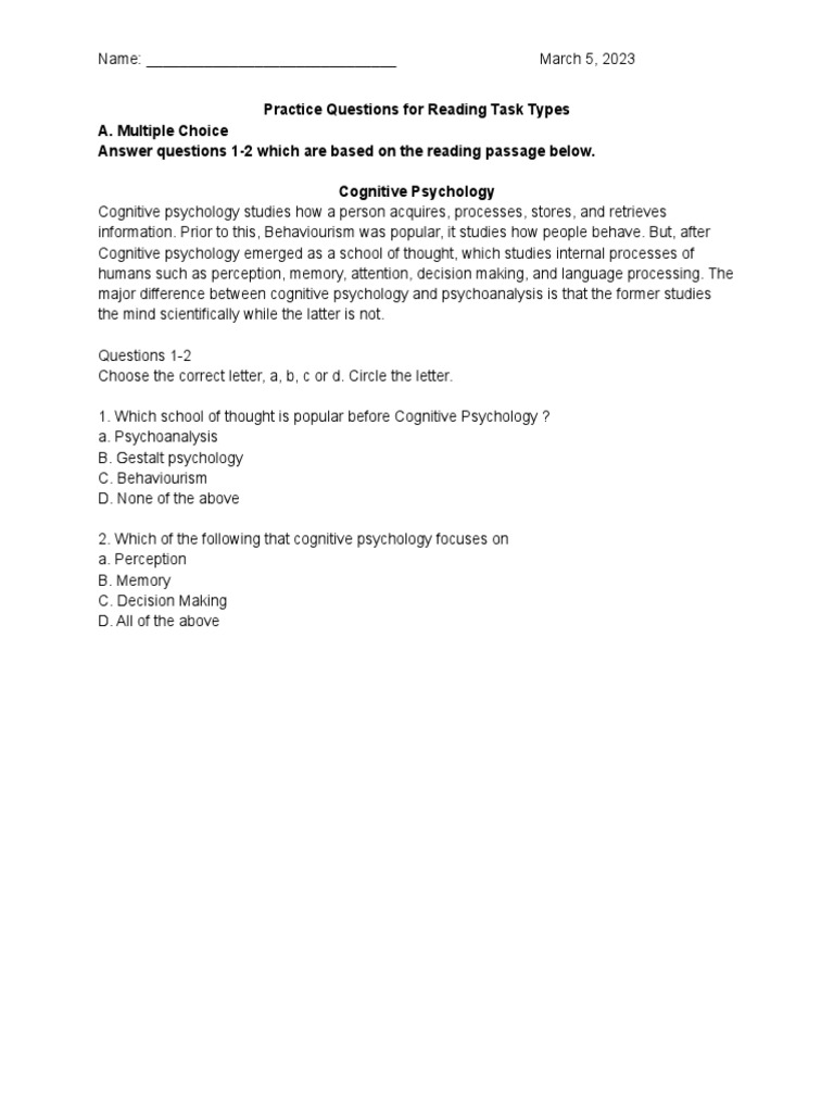 Practice Questions For Reading Task Types | PDF | Intelligence (AI ...