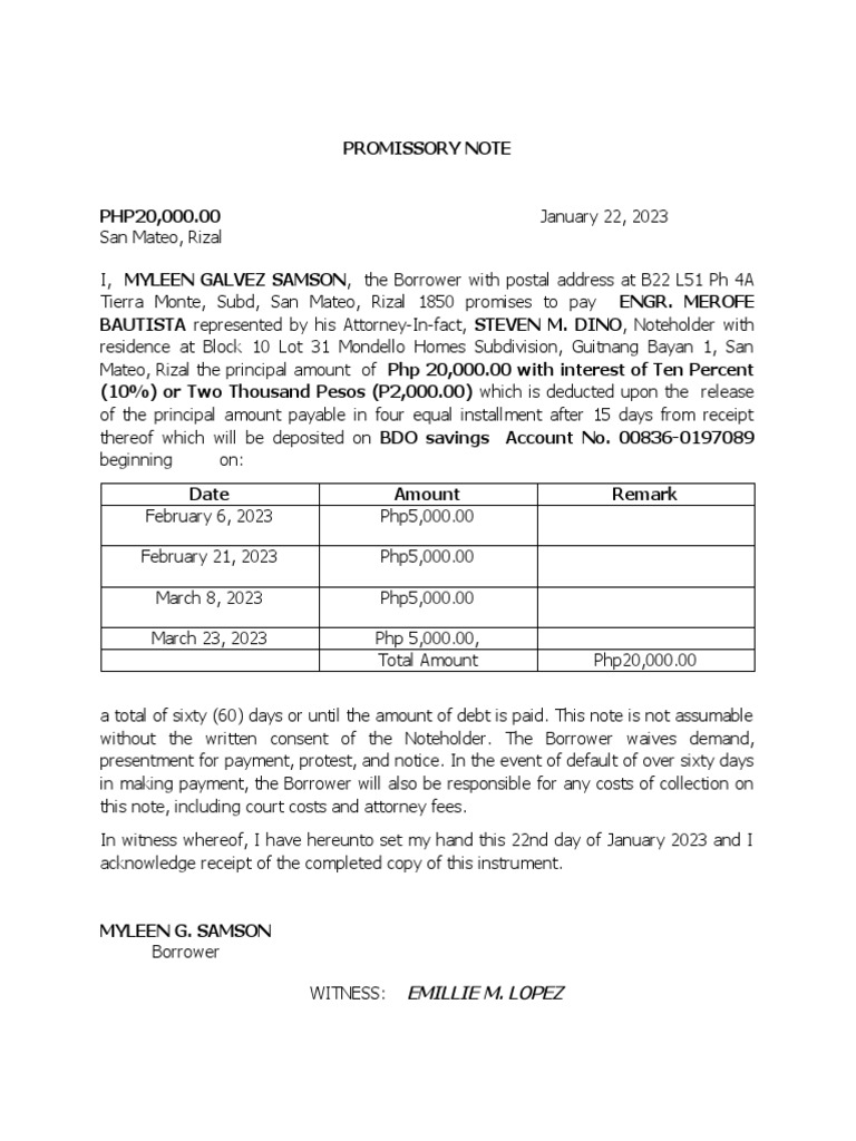 Promissory Note for PHP20,000 Loan | PDF