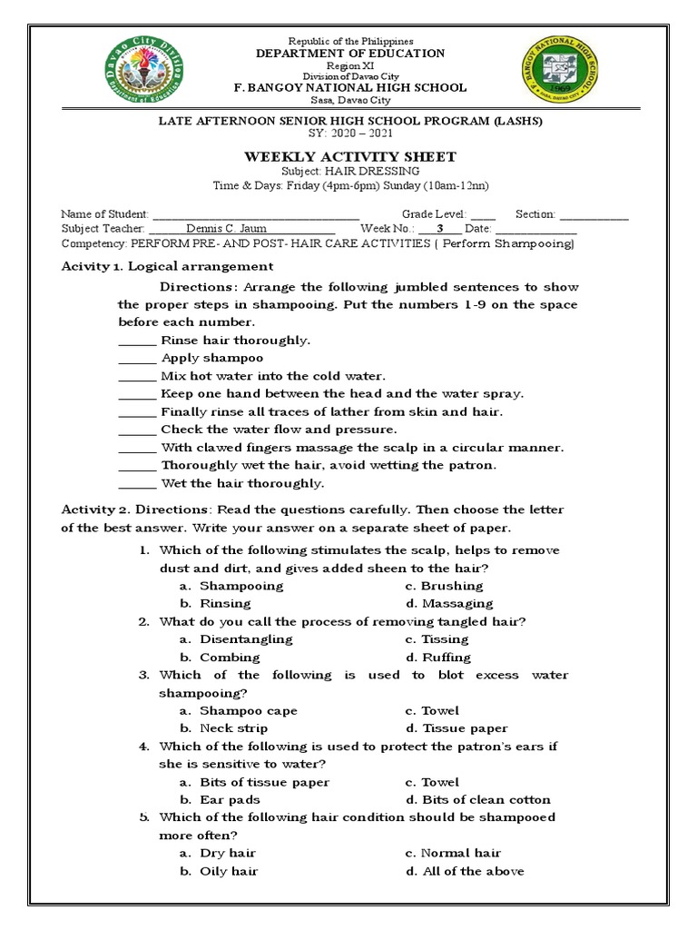Hair Dressing Weekly Activity Sheet No. 3 | PDF | Shampoo | Hair Care