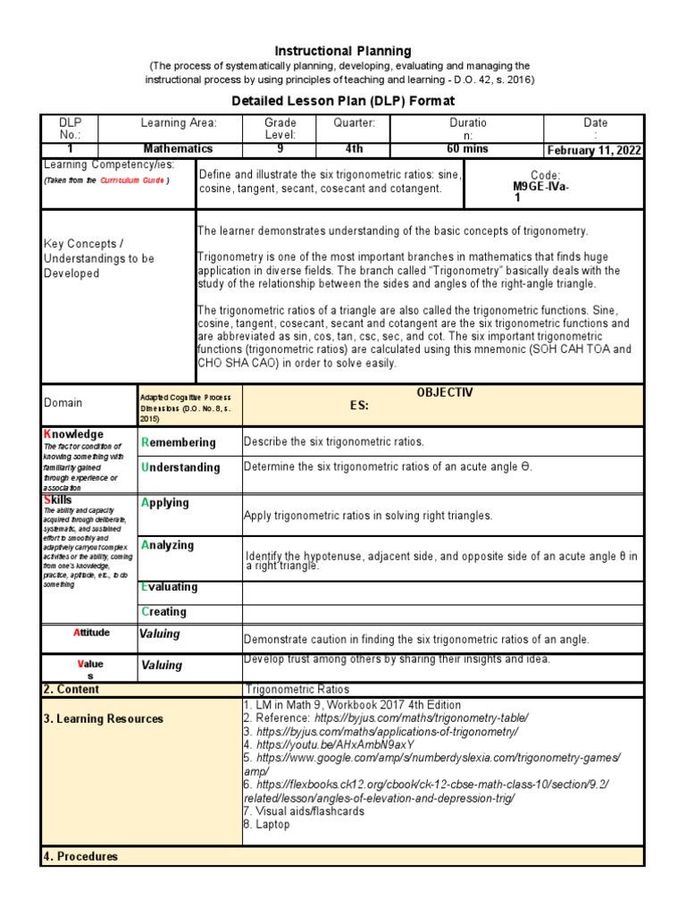 DLP Grade-9 MAthematics | PDF | Trigonometric Functions | Trigonometry