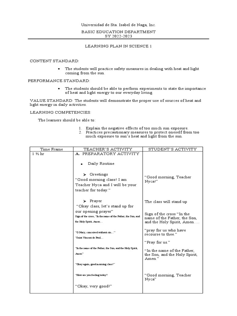 Detailed Lesson Plain in Grade 1 - Science (Day 3) | PDF | Sunglasses ...
