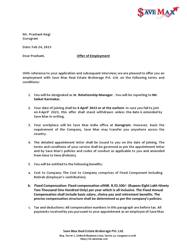 Save Max Offer Letter - Mr. Prashant Negi | PDF | Business | Law