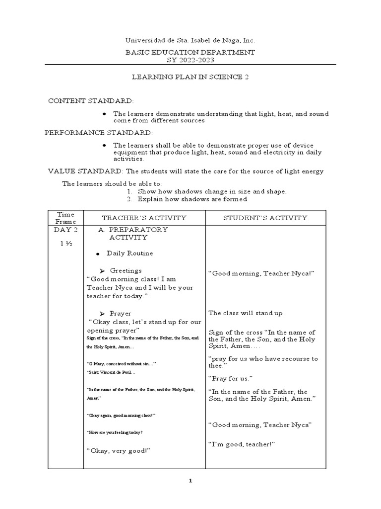 Detailed Lesson Plain in Grade 2 - SCIENCE DAY 2 | PDF | Shadow ...