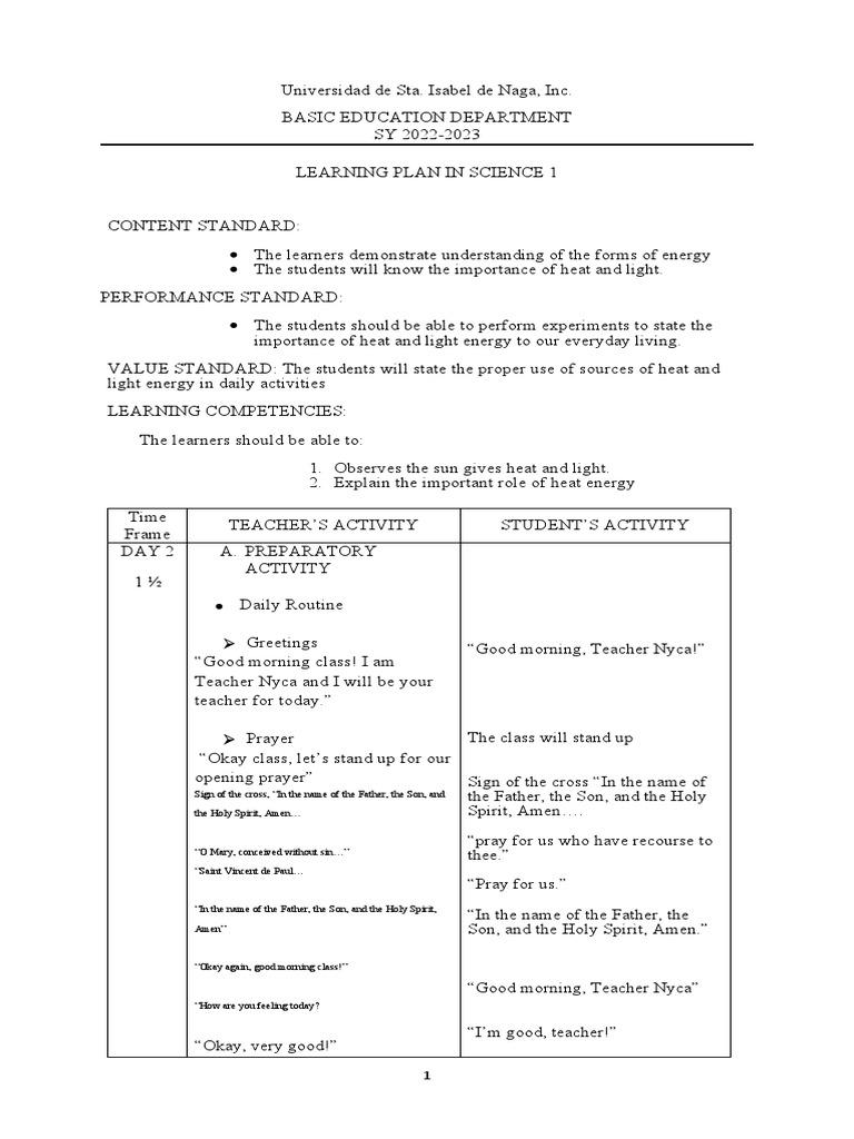 Detailed Lesson Plain in Grade 1 SCIENCE DAY 1 | PDF | Sun | Prayer