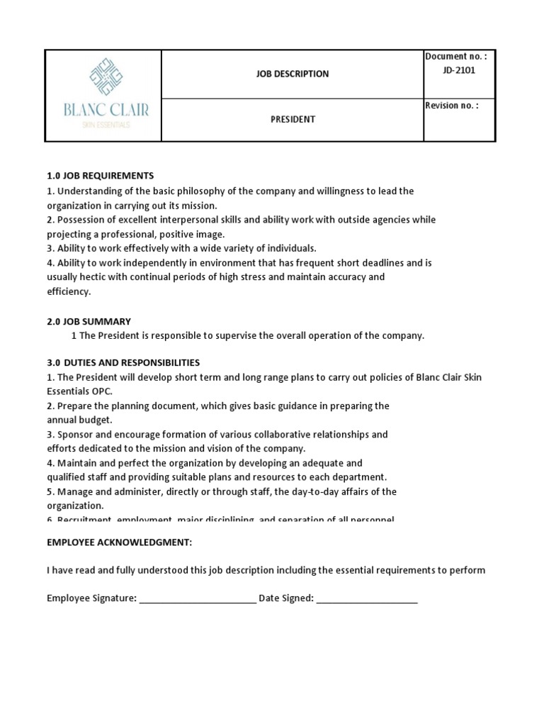 Personnel Duties and Responsibilities - President | PDF