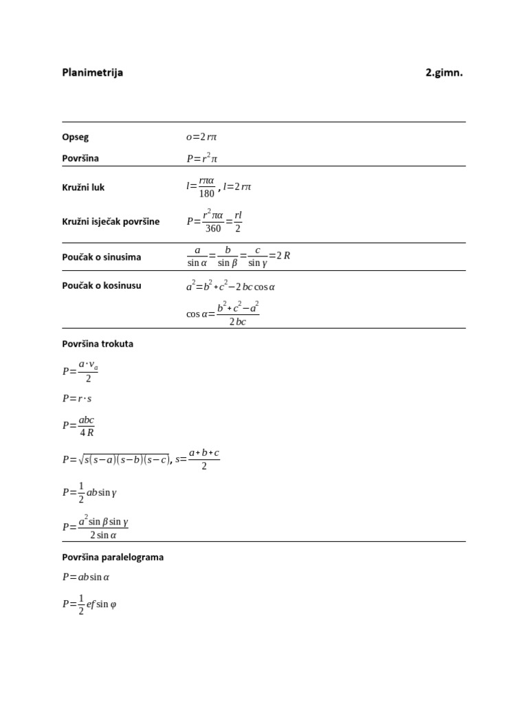 Planimetrija Formule | PDF