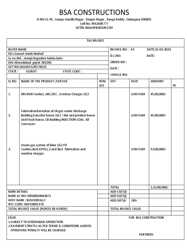 BSA Construction tax invoice for Genext steels | PDF | Trade | Taxes