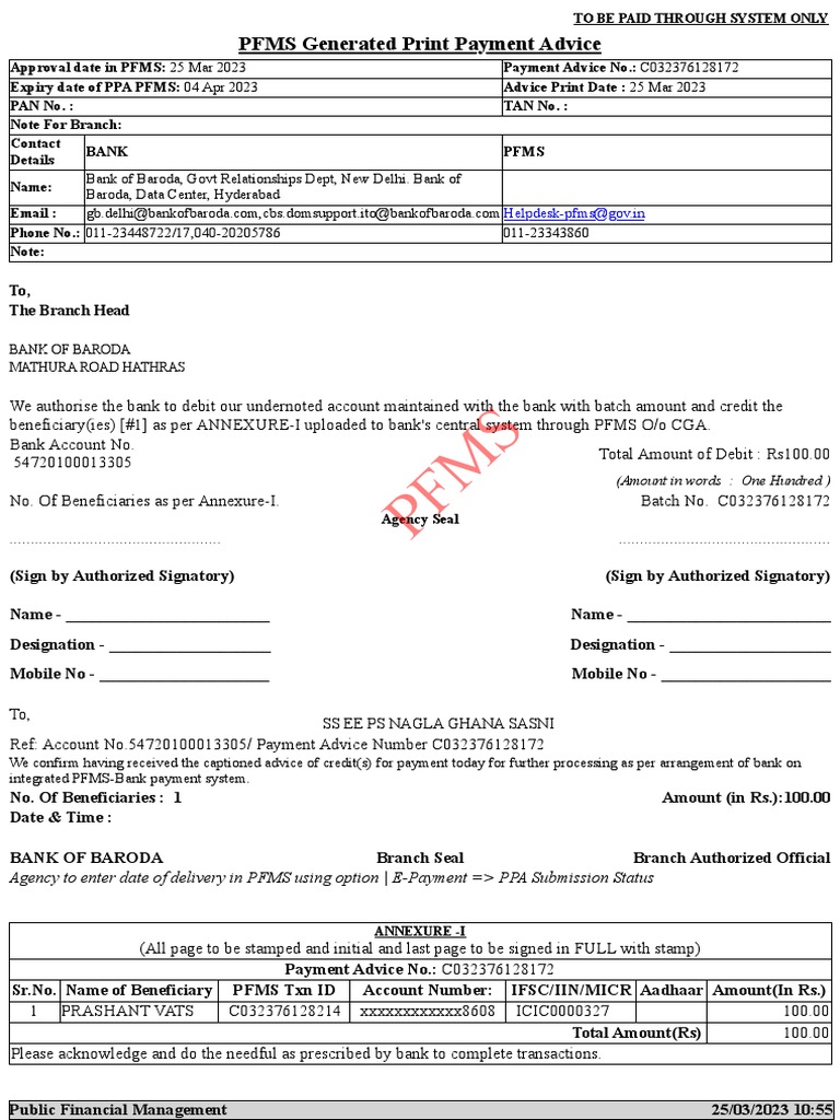 PFMS Generated Print Payment Advice: To, The Branch Head | Download ...