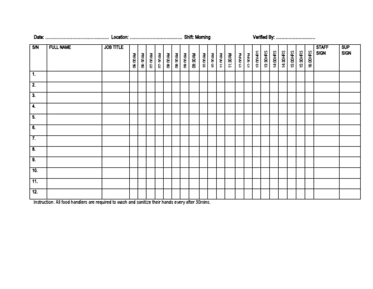 Food Handlers Daily Handwashing Tracking Log Sheet | PDF | Hygiene ...