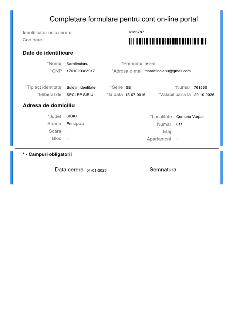 Completare Formulare Pentru Cont On-Line Portal: Date de Identificare | PDF