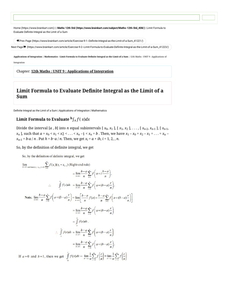 Limit Formula To Evaluate Definite Integral As The Limit of A Sum - Applications of Integration ...