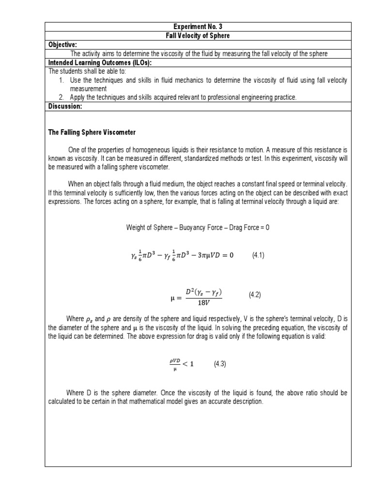 Experiment 3 Falling Velocity of Sphere | PDF | Viscosity | Drag (Physics)