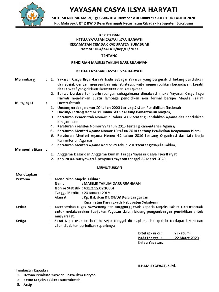 004 SK Pendirian Majelis Taklim Darurahmah | PDF