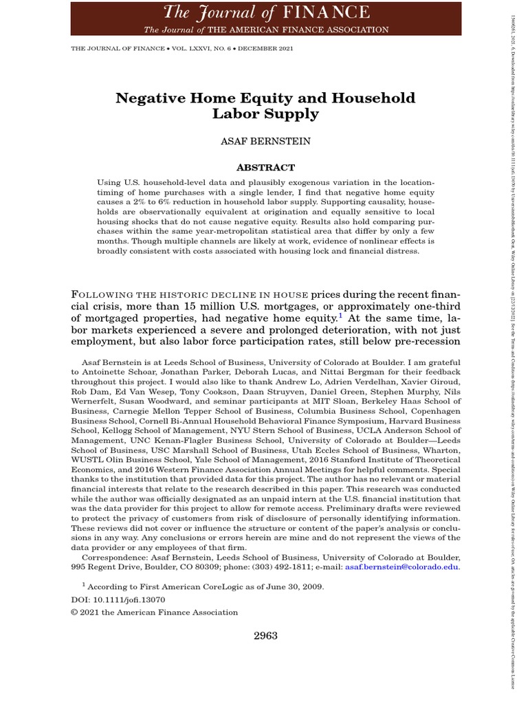The Journal of Finance - 2021 - BERNSTEIN - Negative Home Equity and ... The Journal of Finance - 2021 - BERNSTEIN - Negative Home Equity and ...