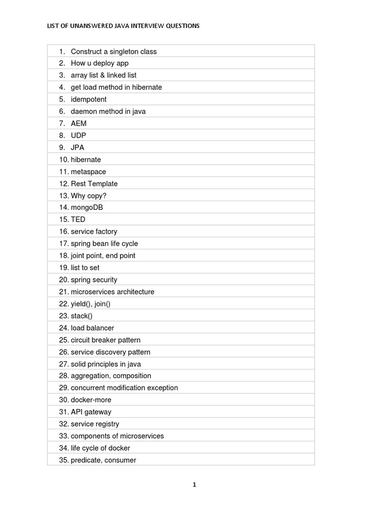 List Of Java Unanswered Interview Questions Pdf Method Computer Programming Spring Framework