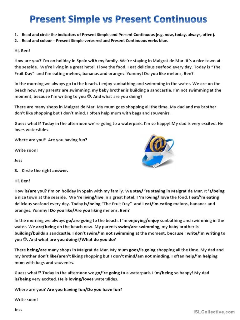 Holiday Reading & Grammar Practice. Present Simple & Present Continuous PDF | PDF | Syntax | Grammar