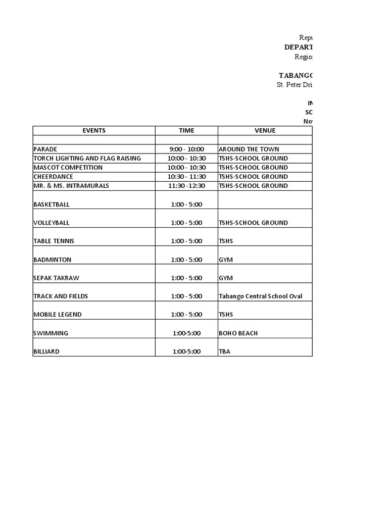 Schedule of Events For Intrams | PDF | Sports