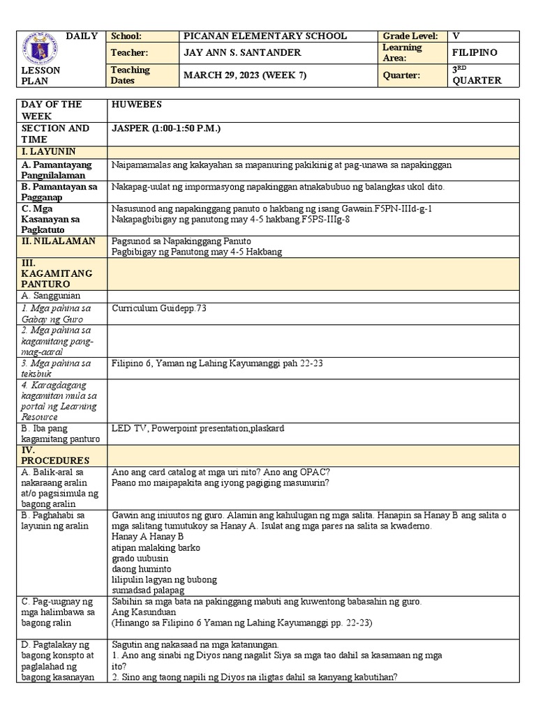 DLP Q3 W7 Filipino | PDF