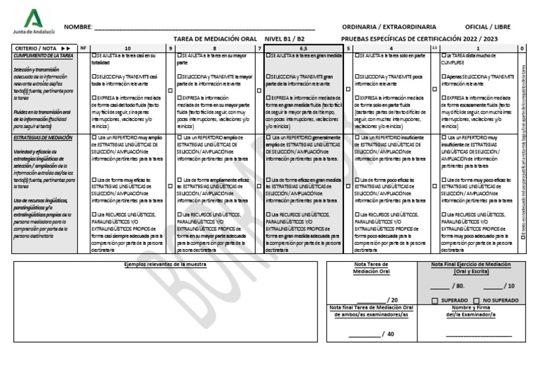 Tabla de Mediación Oral Definitiva NIVEL B1 B2 31 01 2023 | PDF