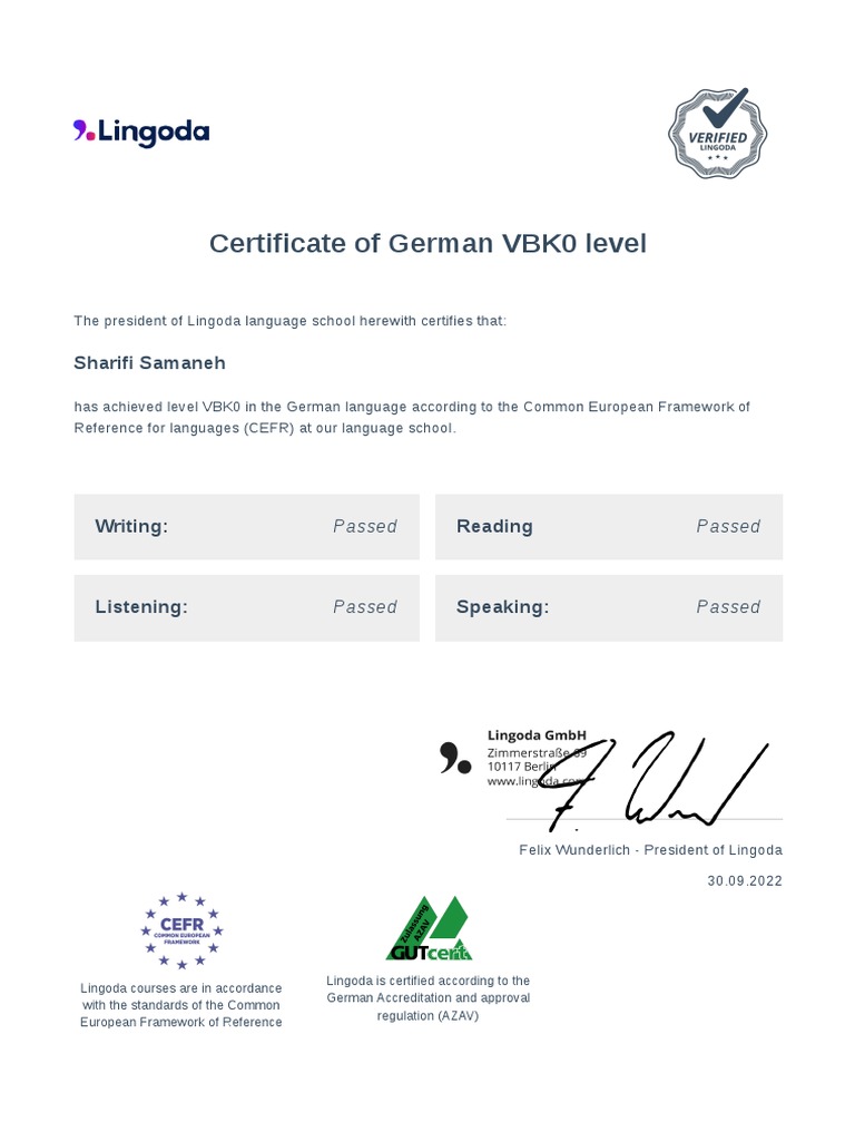 Certificate of Achievement: German Language Proficiency at VBK0 Level | PDF