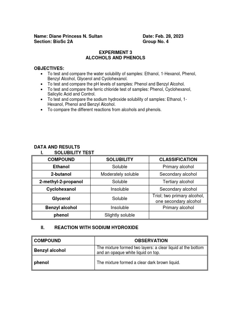 Expt 7 Alcohols and Phenols | PDF | Solubility | Hydroxide Expt 7 Alcohols and Phenols | PDF | Solubility | Hydroxide