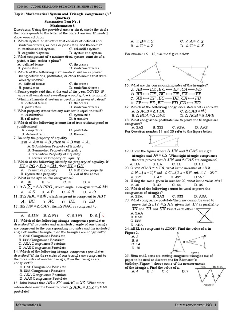 Summative Test 1 Math 8 - 3rd Quarter | PDF | Elementary Mathematics ...
