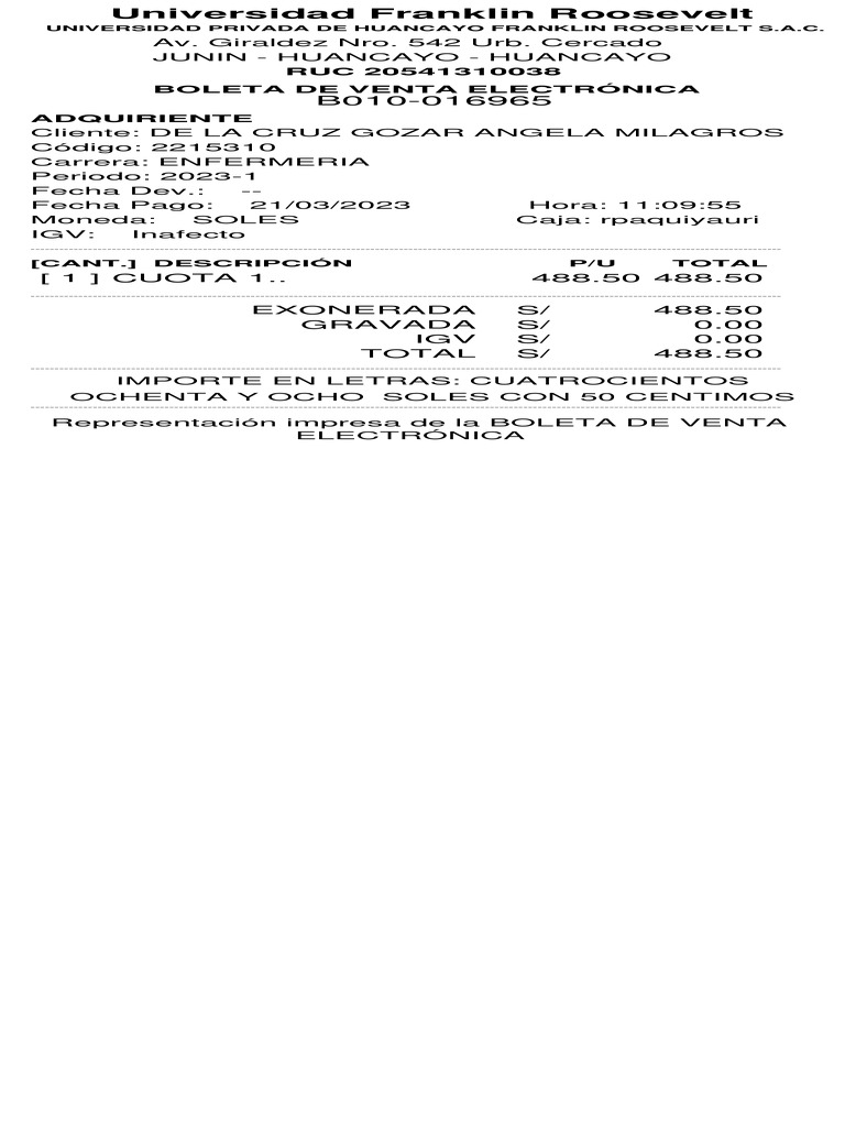 Boleta de Venta Universidad Roosevelt | PDF