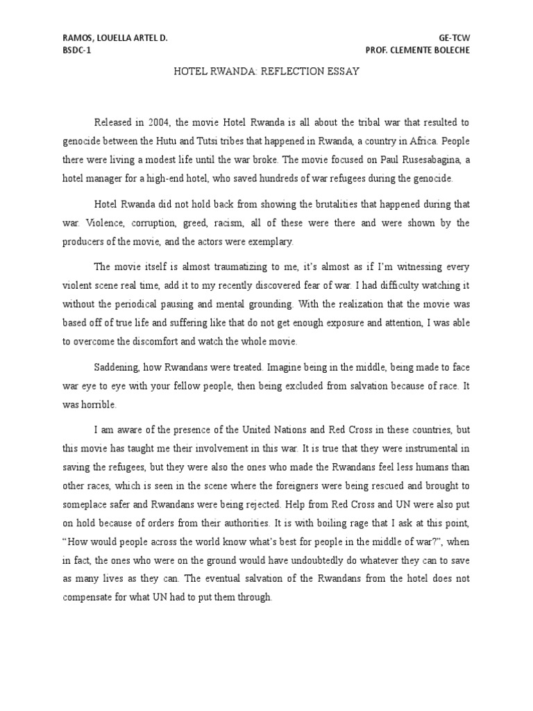 Hotel Rwanda Reflection Essay | PDF