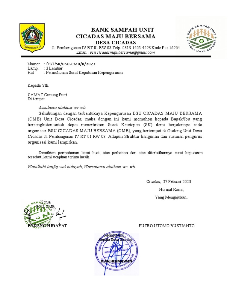 Surat Permohonan Pembuatan Surat Keputusan Pengurus Baru | PDF