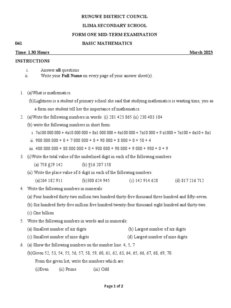 Form One Mid Term Exm March 2023 | PDF | Numbers | Notation