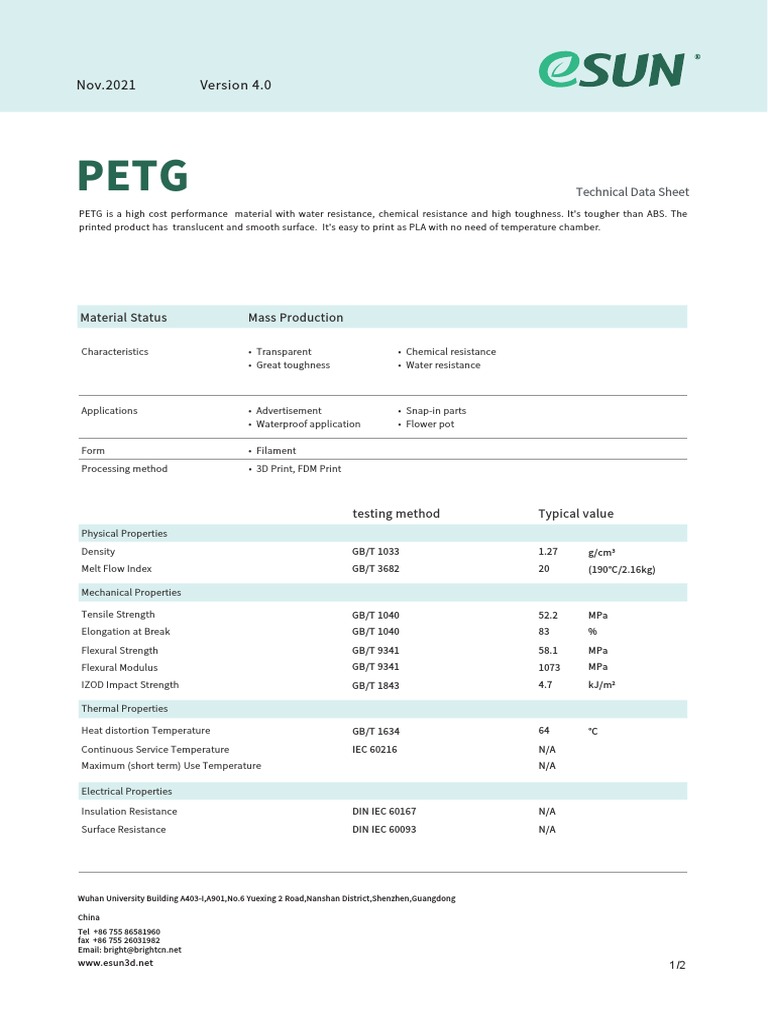 eSUN PETG-Filament TDS V4.0 | PDF | Technology & Engineering