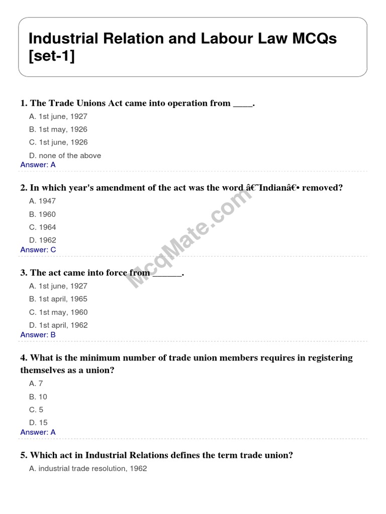 Industrial Relations and Labour Law MCQs | PDF