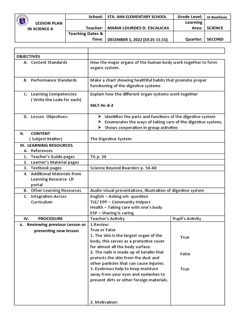 Lesson Plan | PDF | Digestion | Human Digestive System