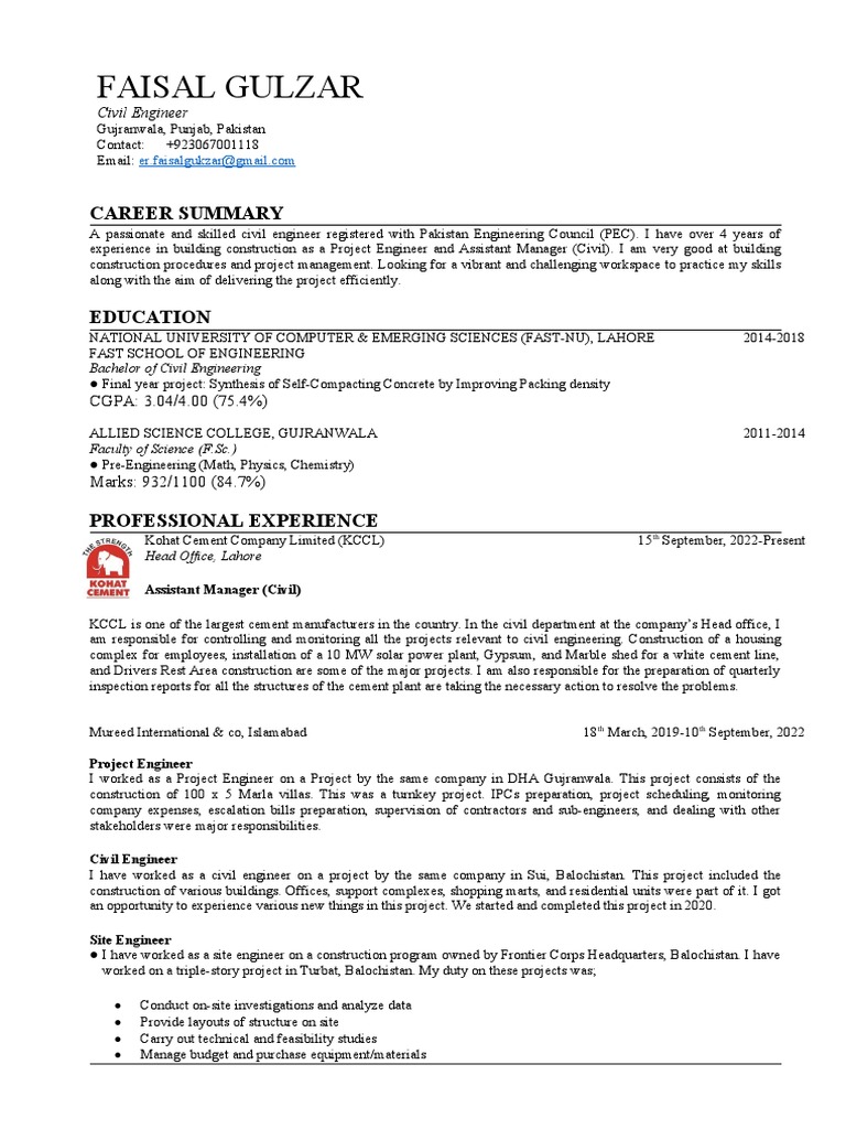 Civil Engineer CV Sample | PDF | Engineering