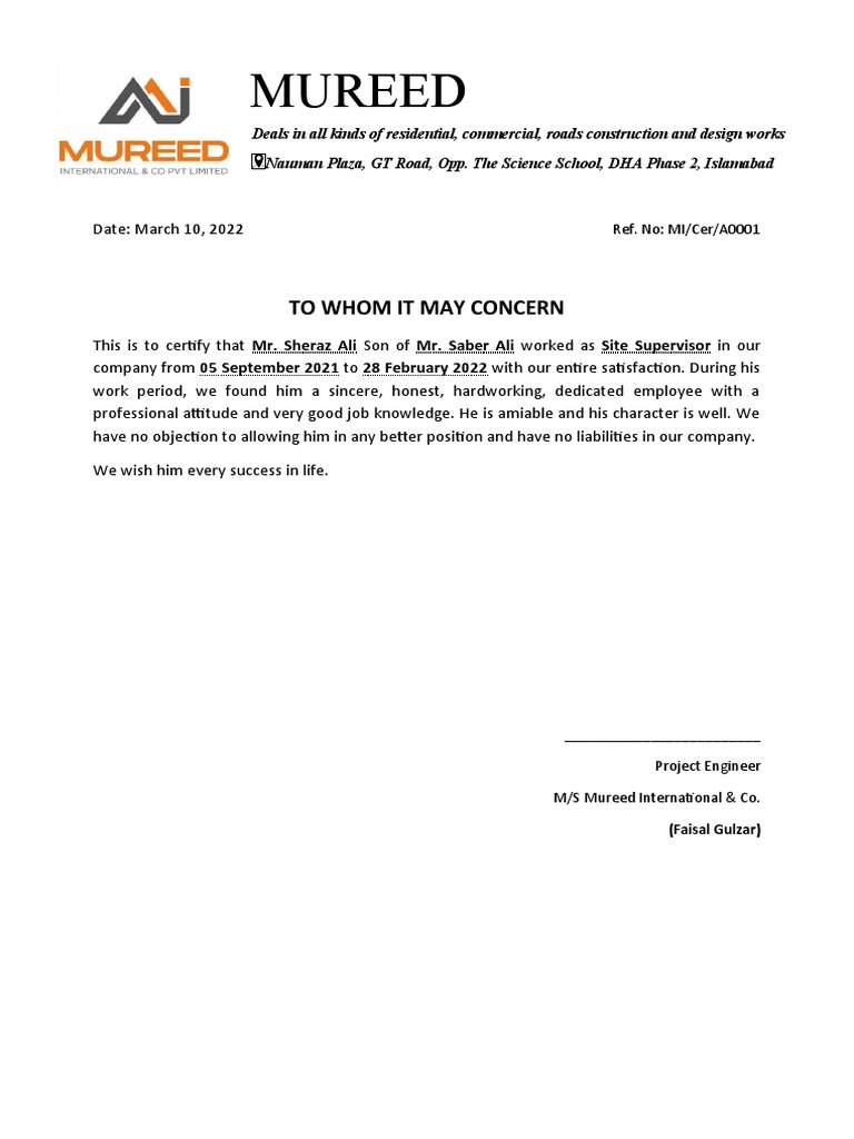 Experience Certificate For Civil Engineer | PDF