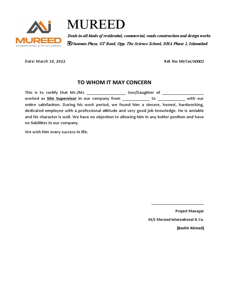 Construction company reference letter for site supervisor | PDF
