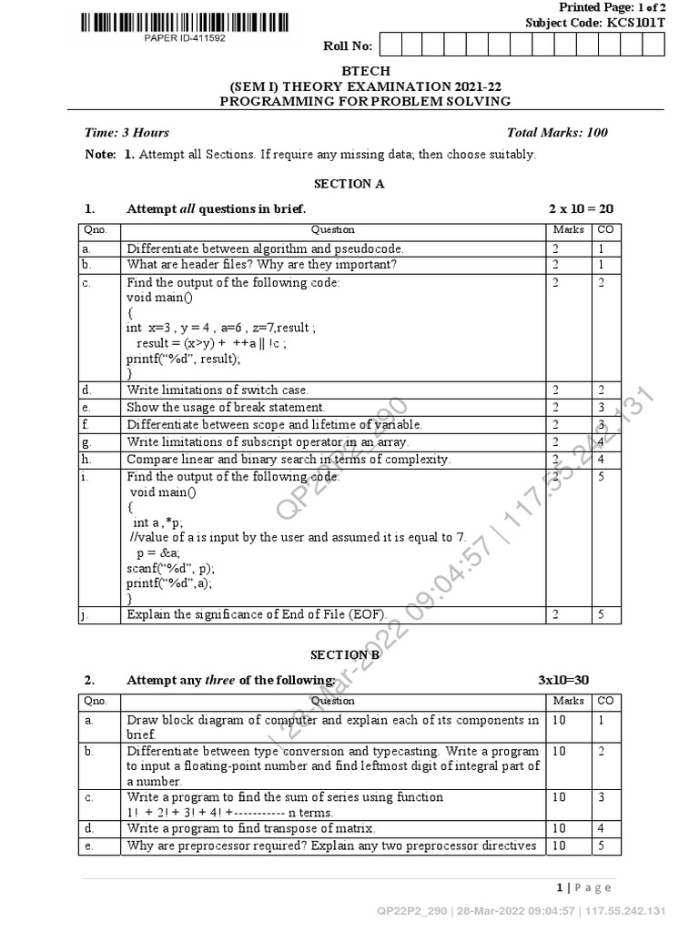 Programming For Problem Solving KCS 101T 1 PDF | PDF | Mathematical ...