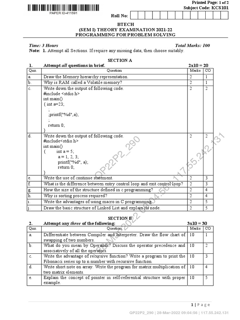 Programming For Problem Solving Kcs 101 2 Pdf Pdf Matrix Mathematics Control Flow