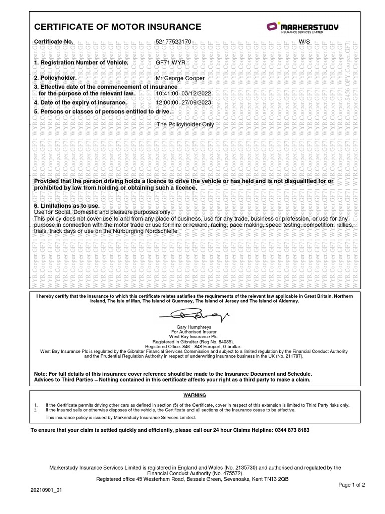 Insurance Policy Certificate | PDF