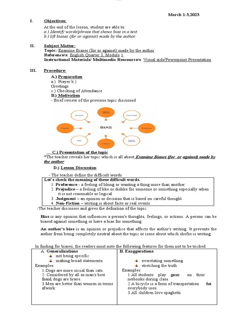 Lesson Plan in English 8 For 2ND Class Observation S | PDF | Bias | Argument