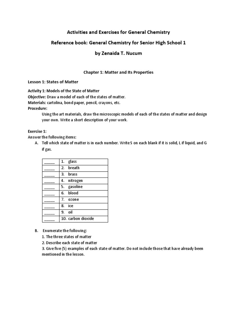 General Chemistry Activities for SS1 | PDF | Metals | Chemistry