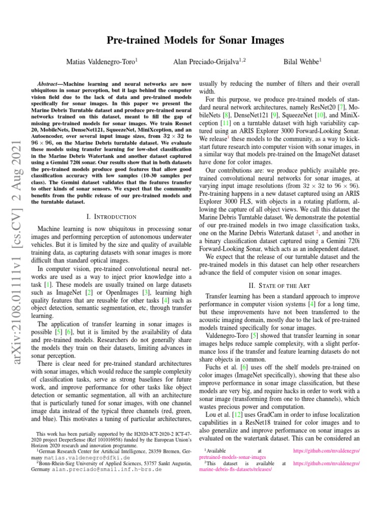 Pre-Trained Models For Sonar Images: Matias Valdenegro-Toro Alan Preciado-Grijalva Bilal Wehbe ...
