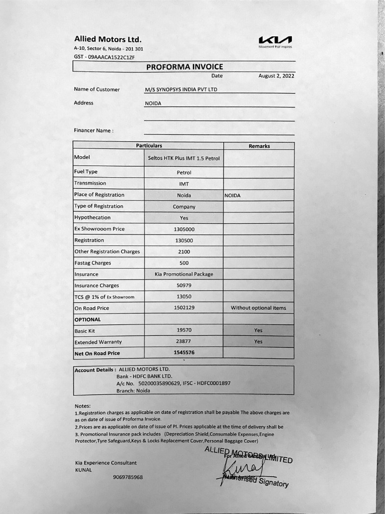 Proforma Invoice - Kia Seltos PDF | PDF