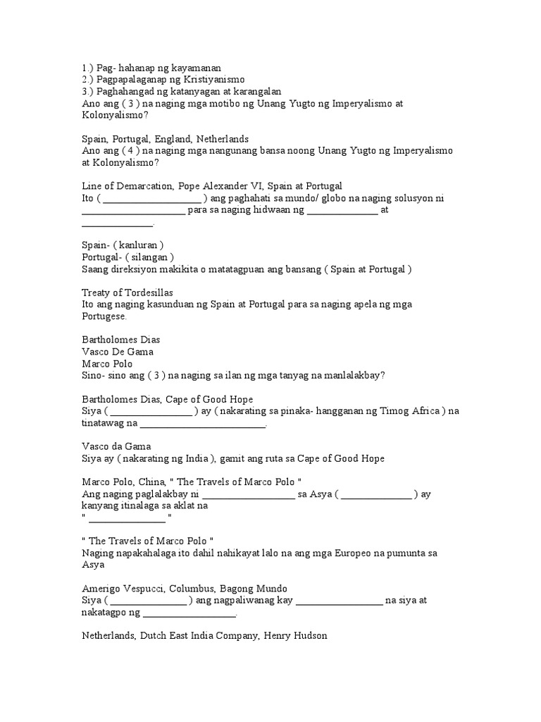 Quiz Unang Yugto NG Imperyalismo at Kolonyalismo | PDF