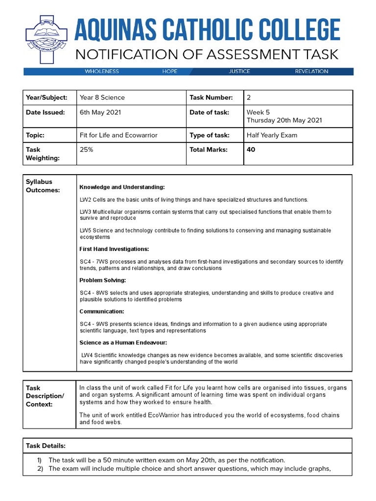 Assessment Notification Year 8 Task 2 2021 | PDF | Science | Life